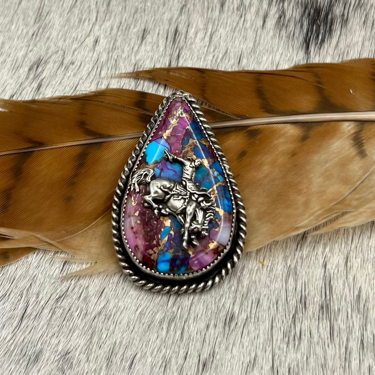 Purple Dalia kingman Turquoise with a bucking horse overlay – Pearls ...